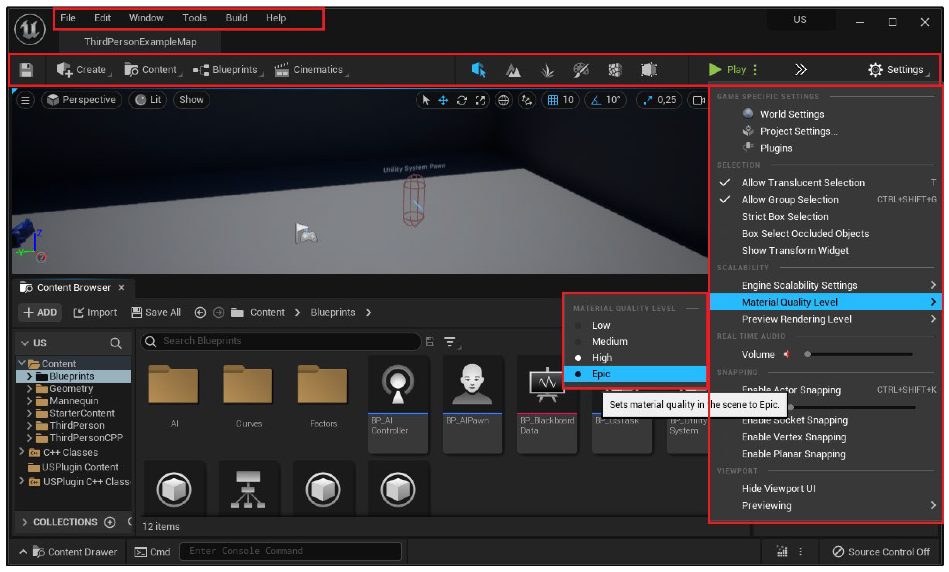 New Game Artificial Intelligence Tools for Virtual Mine on Unreal Engine