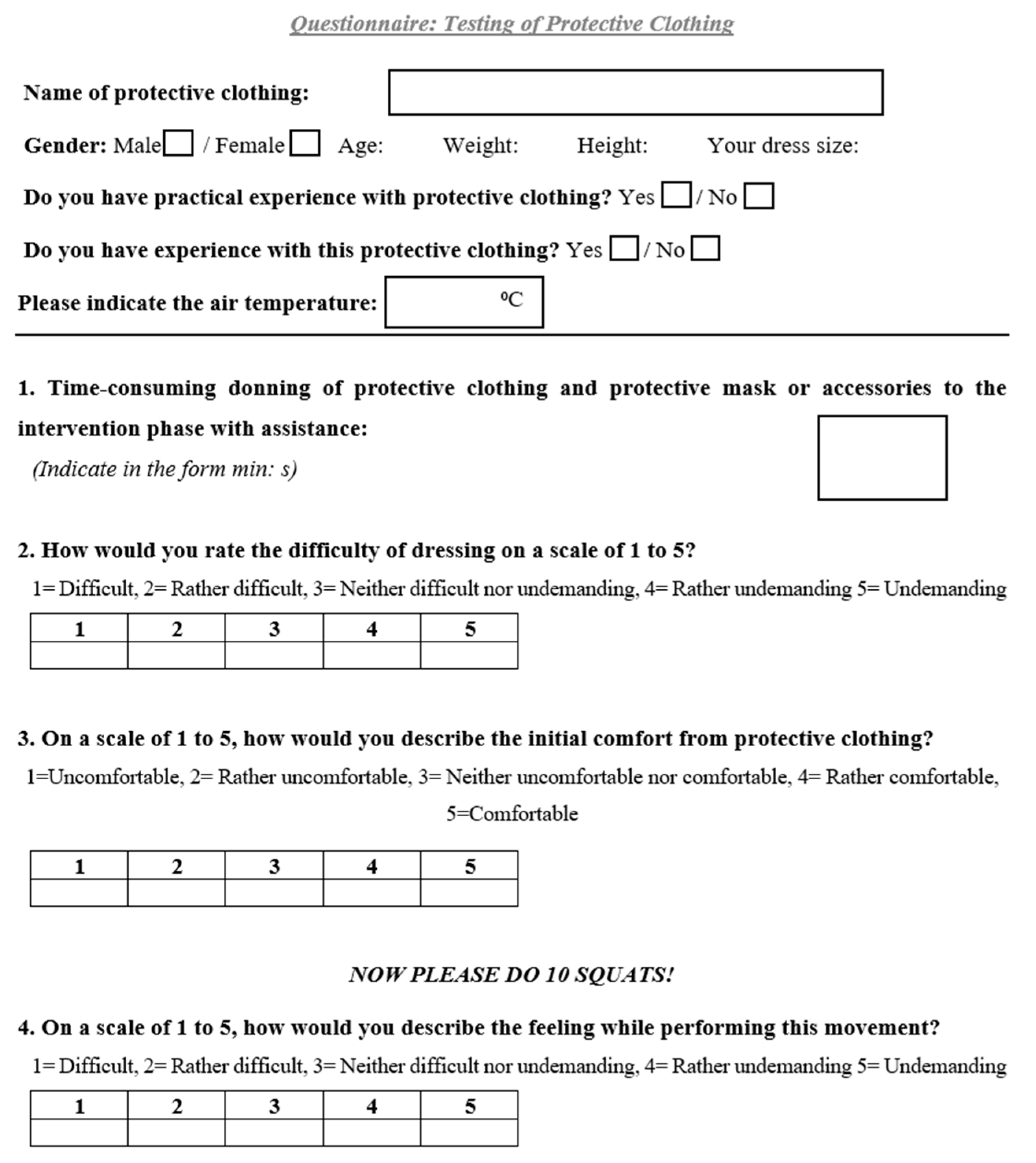 Testing Protective Clothing with an Emphasis on Subjective Opinions