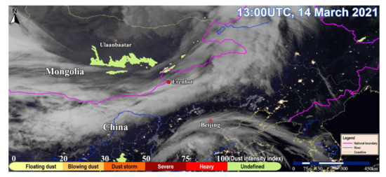 Satellite Monitoring of the Dust Storm over Northern China on 15 March 2021