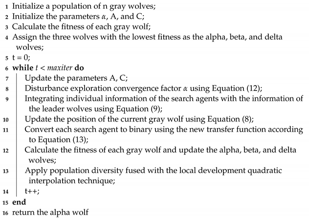 Explorative Binary Gray Wolf Optimizer with Quadratic Interpolation for Feature Selection