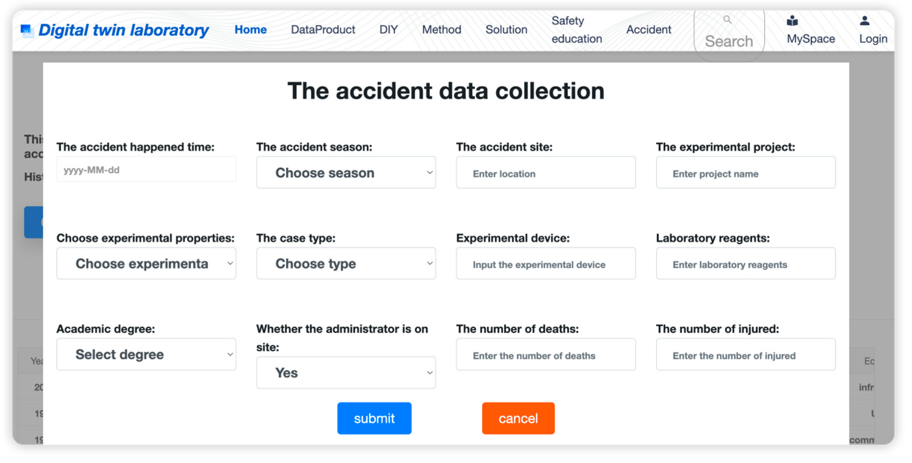 Preliminary Design and Construction Database for Laboratory Accidents