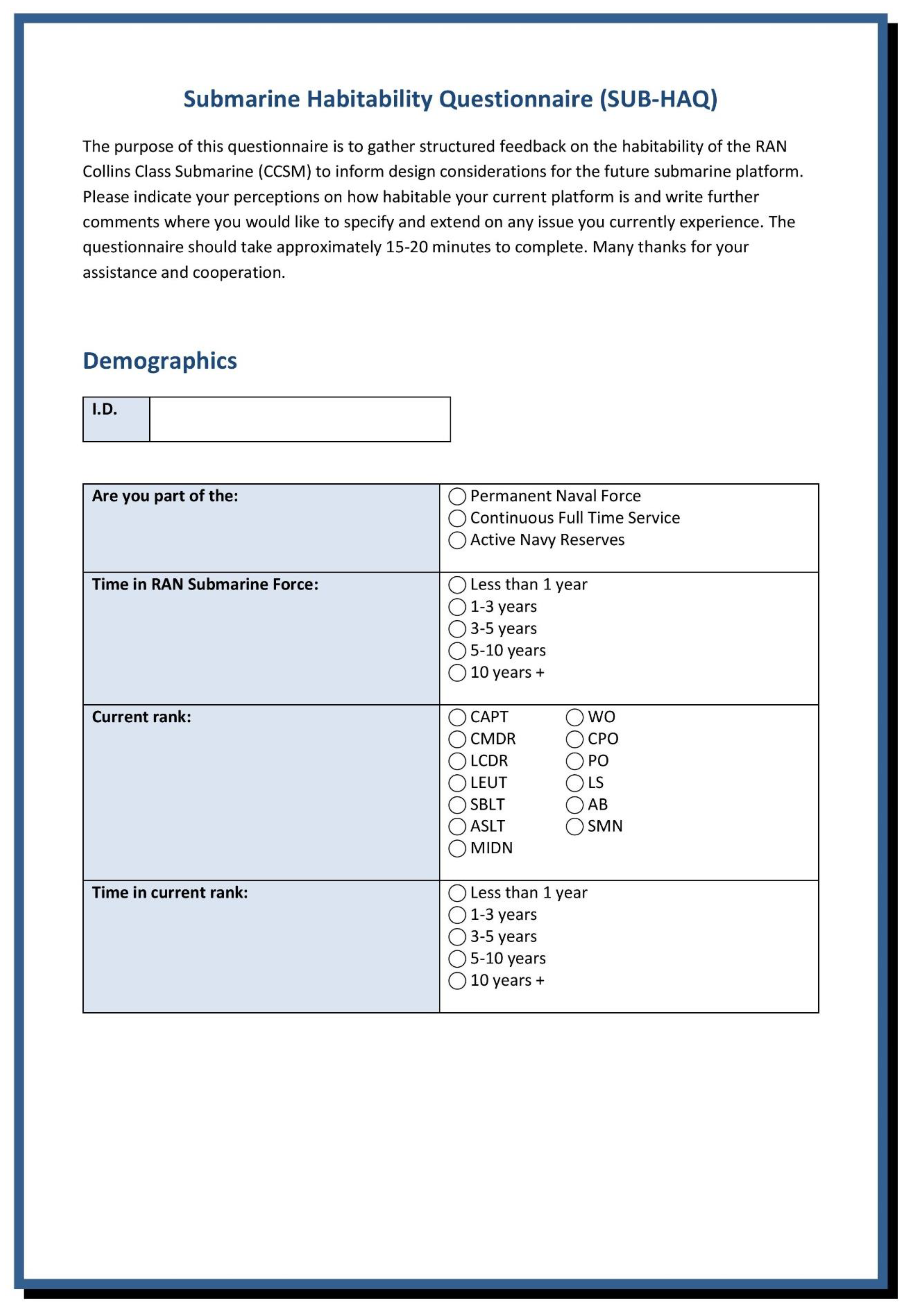 The Submarine Habitability Assessment Questionnaire: A Survey of RAN ...