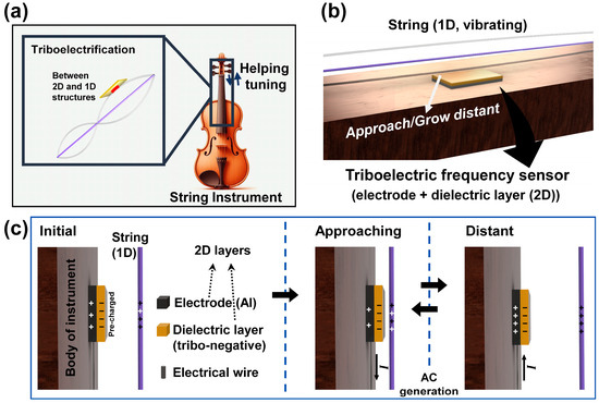 Frequency Detection for String Instruments Using 1D-2D Non-Contact Mode Triboelectric Sensors