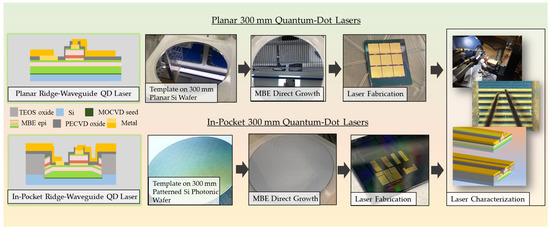 Quantum Dot Lasers Directly Grown on 300 mm Si Wafers: Planar and In-Pocket