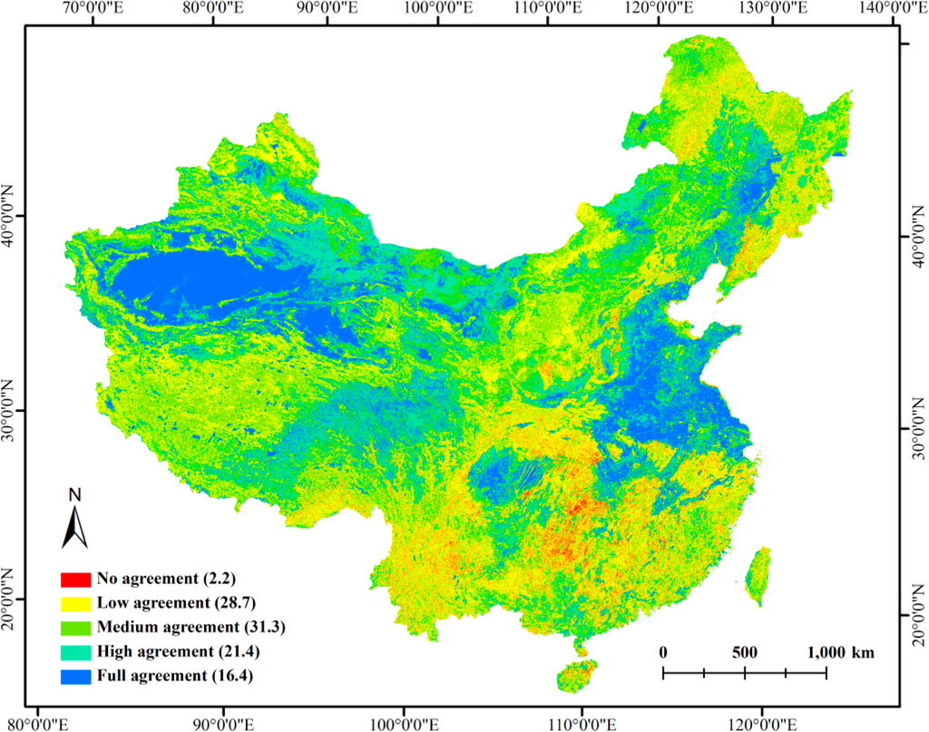 Assessing Consistency of Five Global Land Cover Data Sets in China